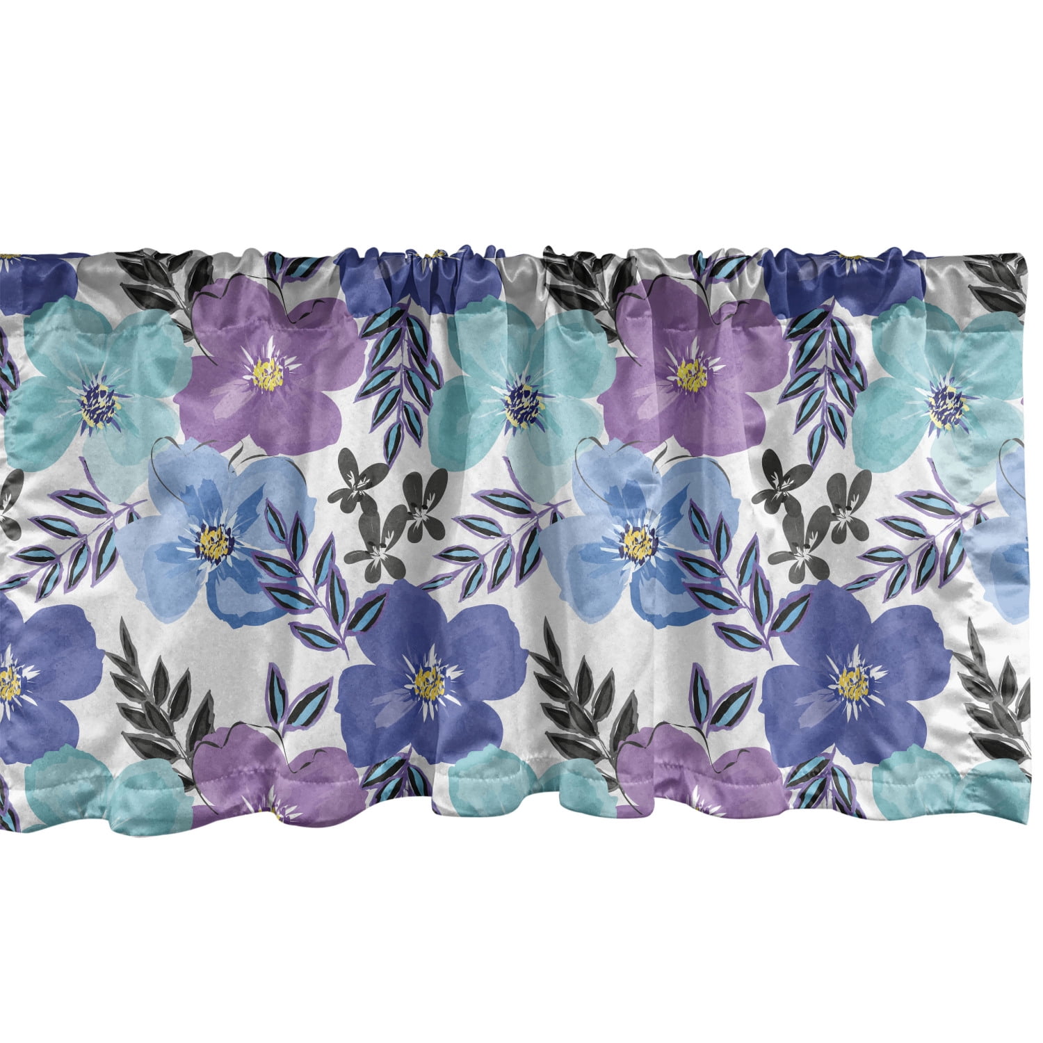 Floral Window Valance, Hand Drawn Soft Spring Tones Flower with Grid ...