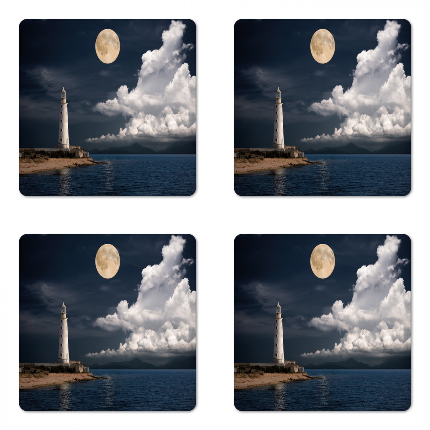 Moon Coaster Set of 4, Old Lighthouse by the Sea White Clouds and Calm ...