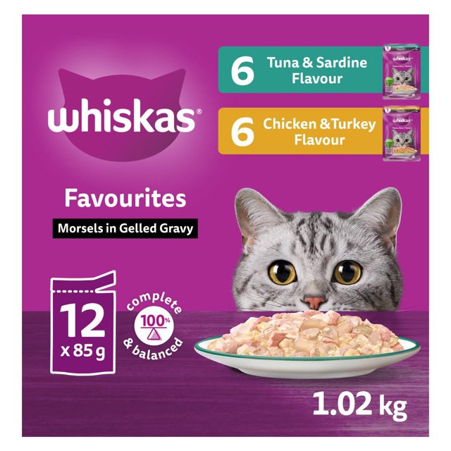 WHISKAS FAVOURITES Adult Wet Cat Food Morsels in Gelled Gravy Tuna and ...