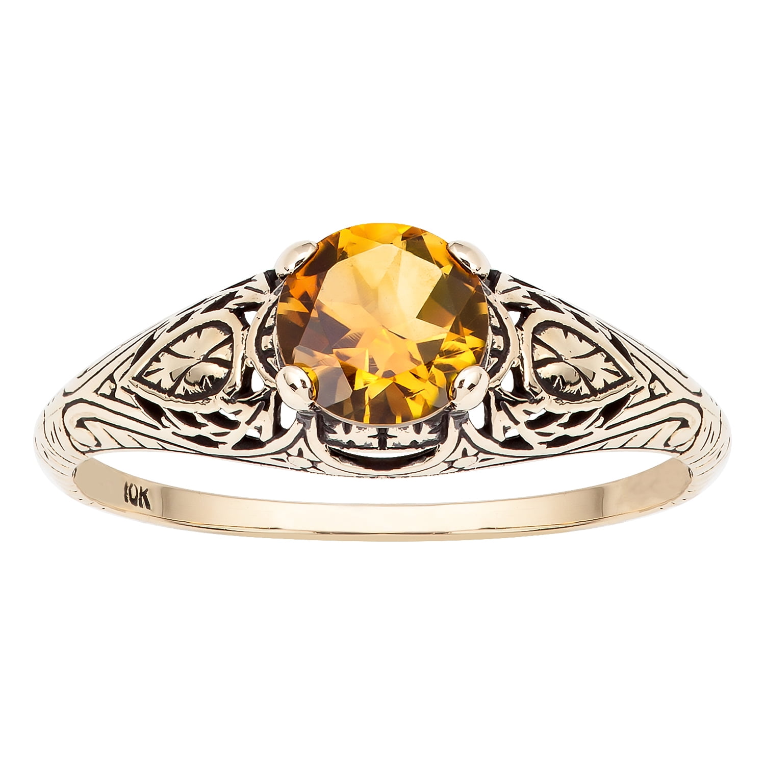10k Yellow Gold Vintage Style Genuine Round Citrine Scroll Ring ...