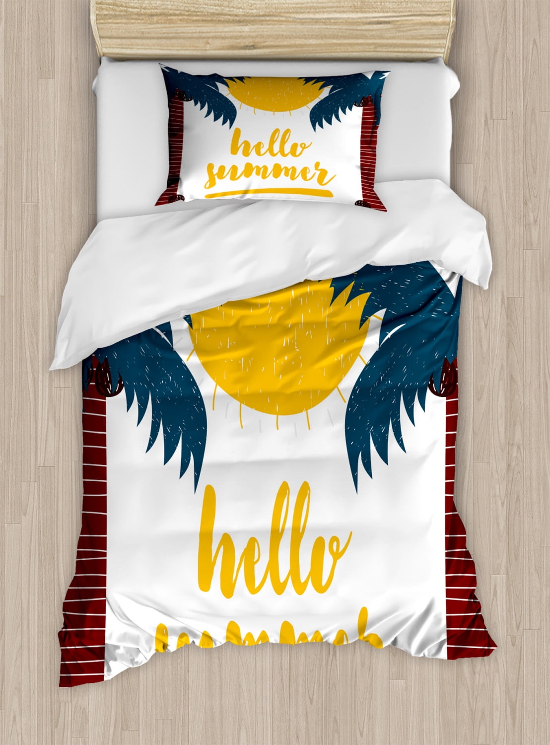 Saying Duvet Cover Set Twin Size, Tropical Palm Tree Motif with Hello ...