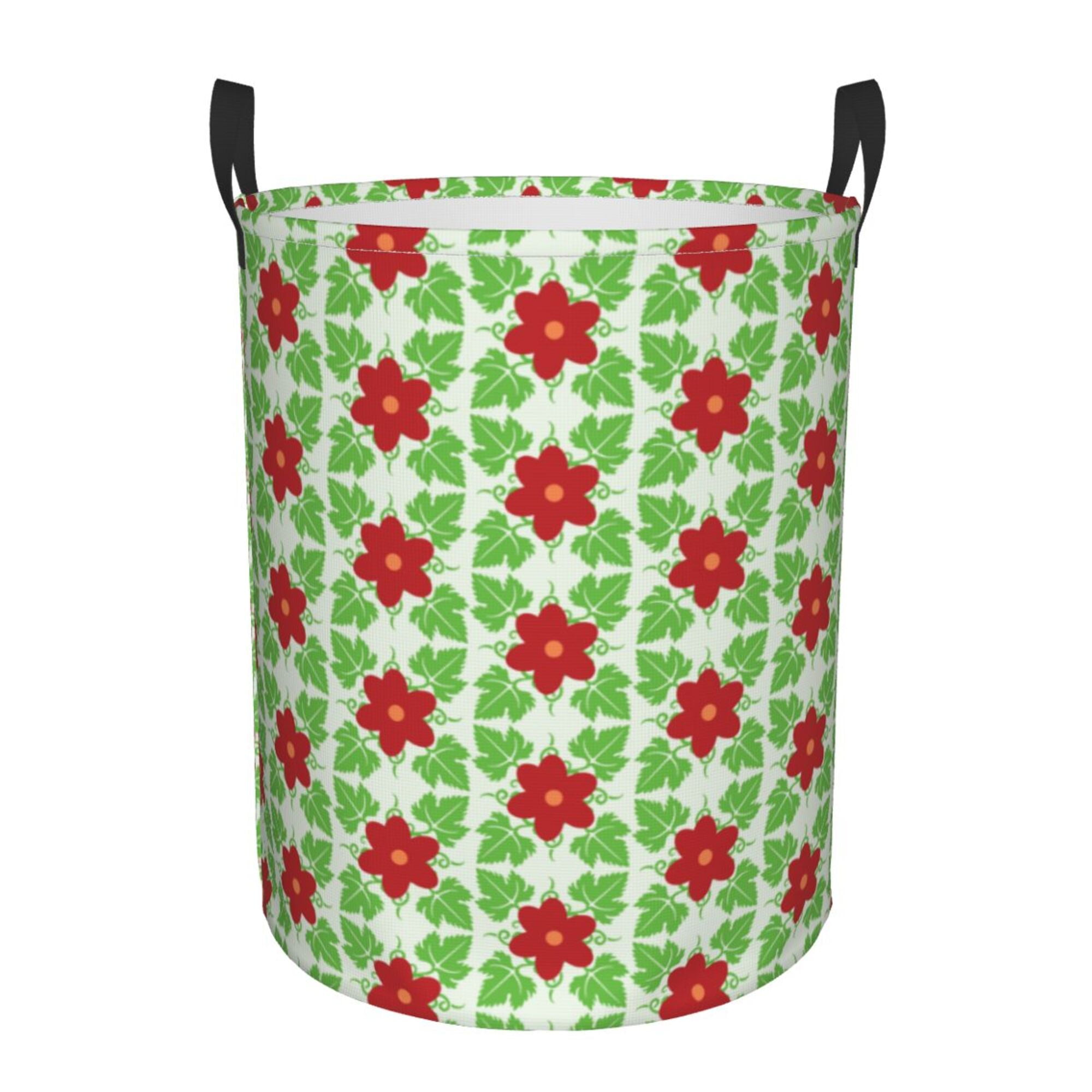 XMXY Round Laundry Basket Organizer, Red Green Floral Leaves Waterproof ...