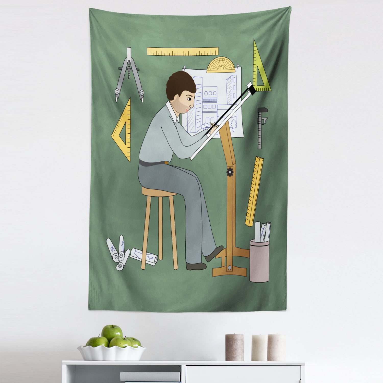 Engineering Theme Tapestry, Cartoon Drawn Architect Man and His ...
