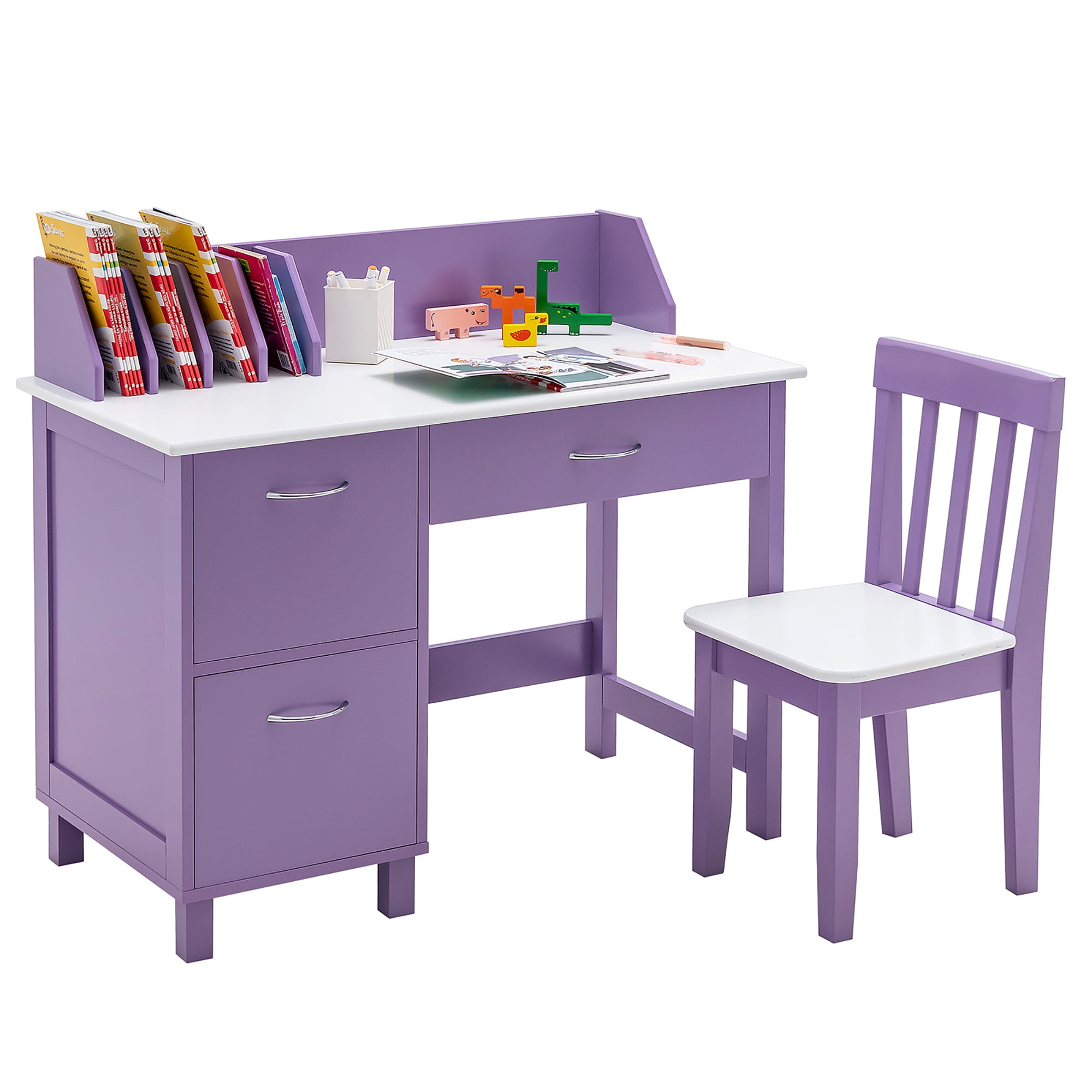 Costway Kids Wooden Study Desk & Chair Writing Table with Drawer ...