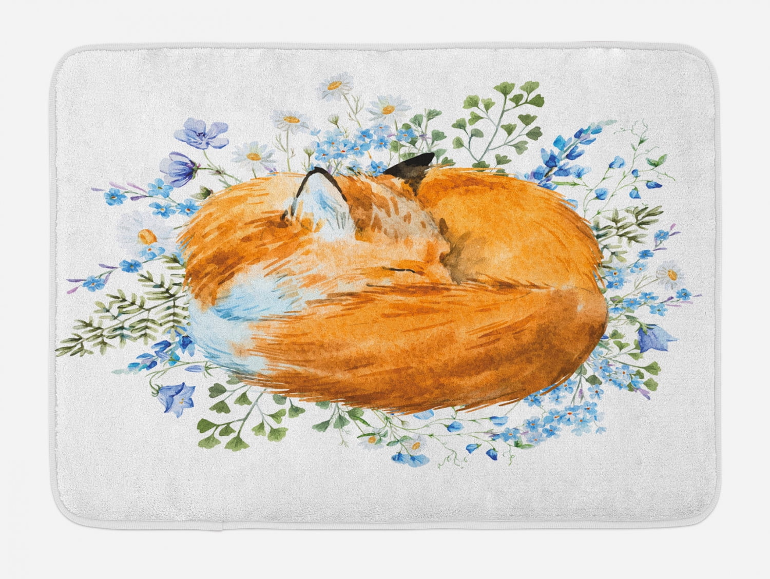 Fox Bath Mat, Sleeping Fox in Watercolors Hand Drawn Fresh Wild Flowers ...