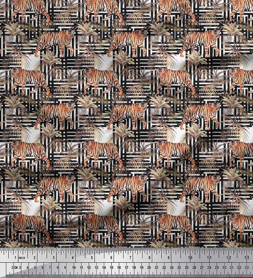 Soimoi Modal Satin Fabric Texture,Leaves & Tiger Animal Print Fabric by ...