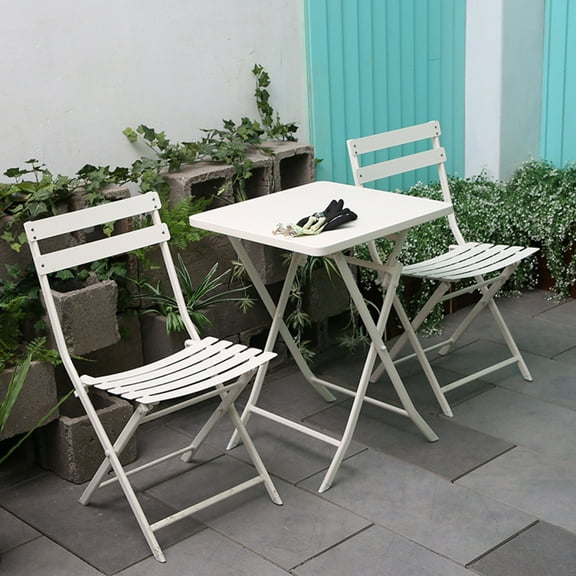 3 Piece Patio Bistro Set of Foldable Square Table and Chairs, White ...
