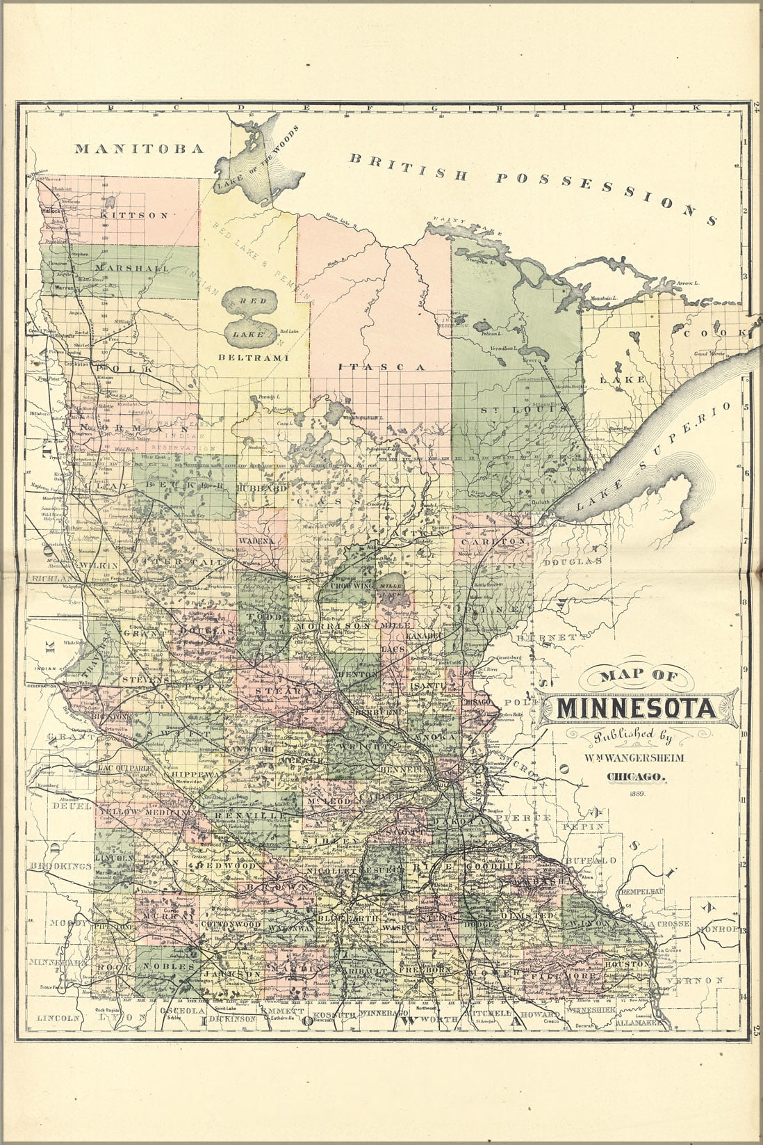 24"x36" Gallery Poster, Map of Minnesota 1889 - Walmart.com