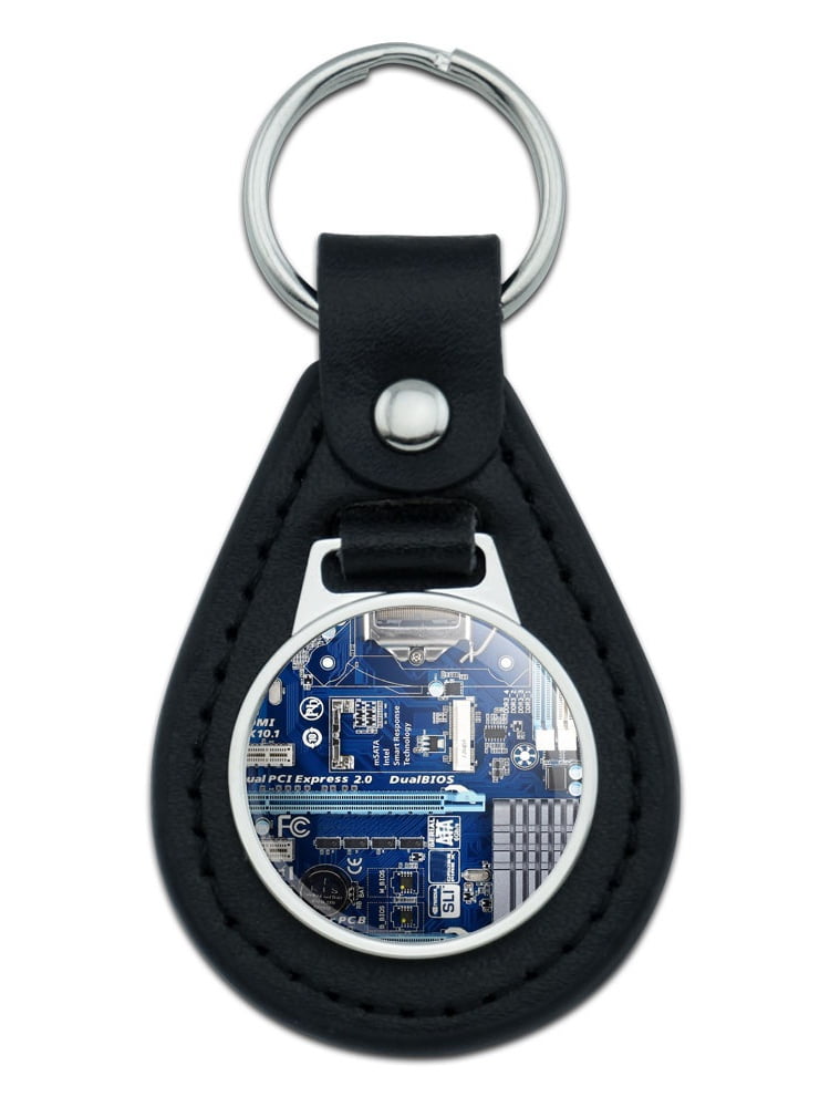 Blue Computer Motherboard Processor CPU Memory Black Leather Keychain ...