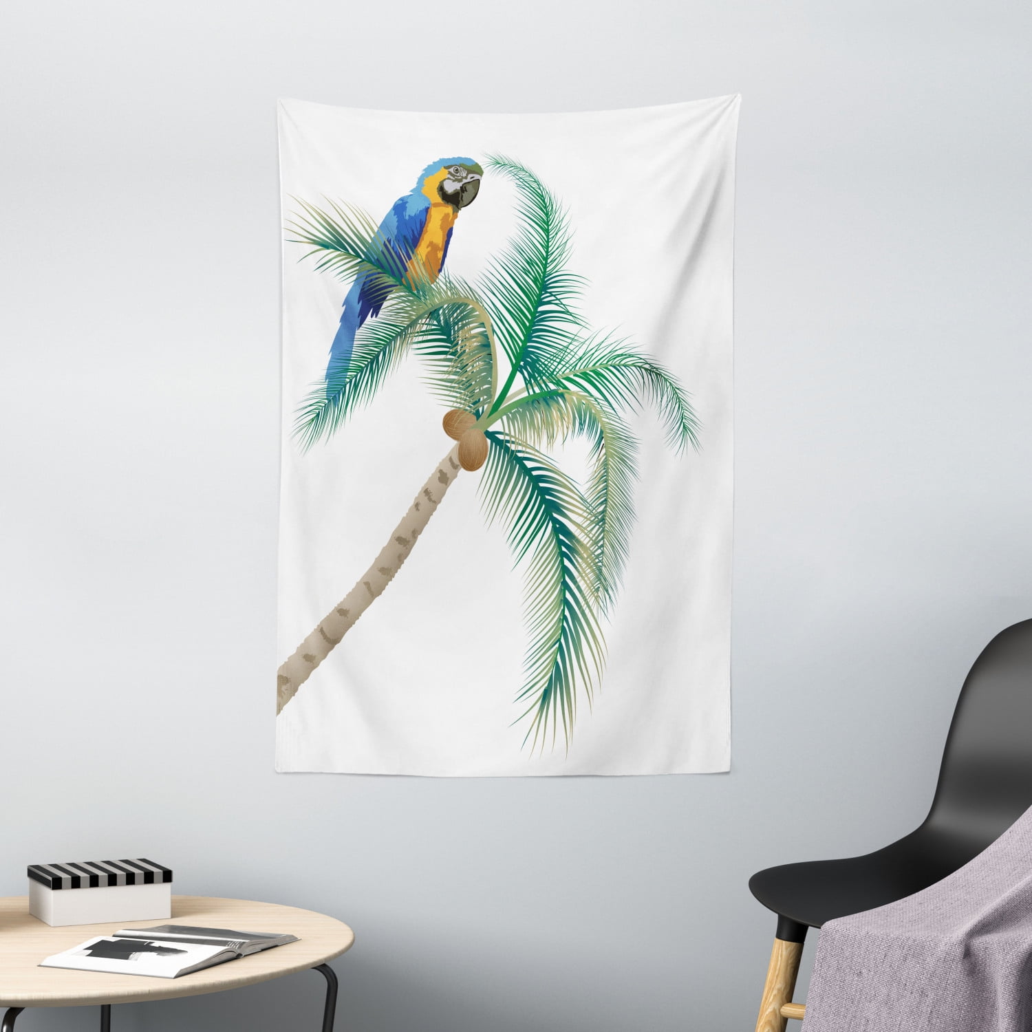Parrots Decor Wall Hanging Tapestry, Big Parrot Sitting on Coconut Palm ...