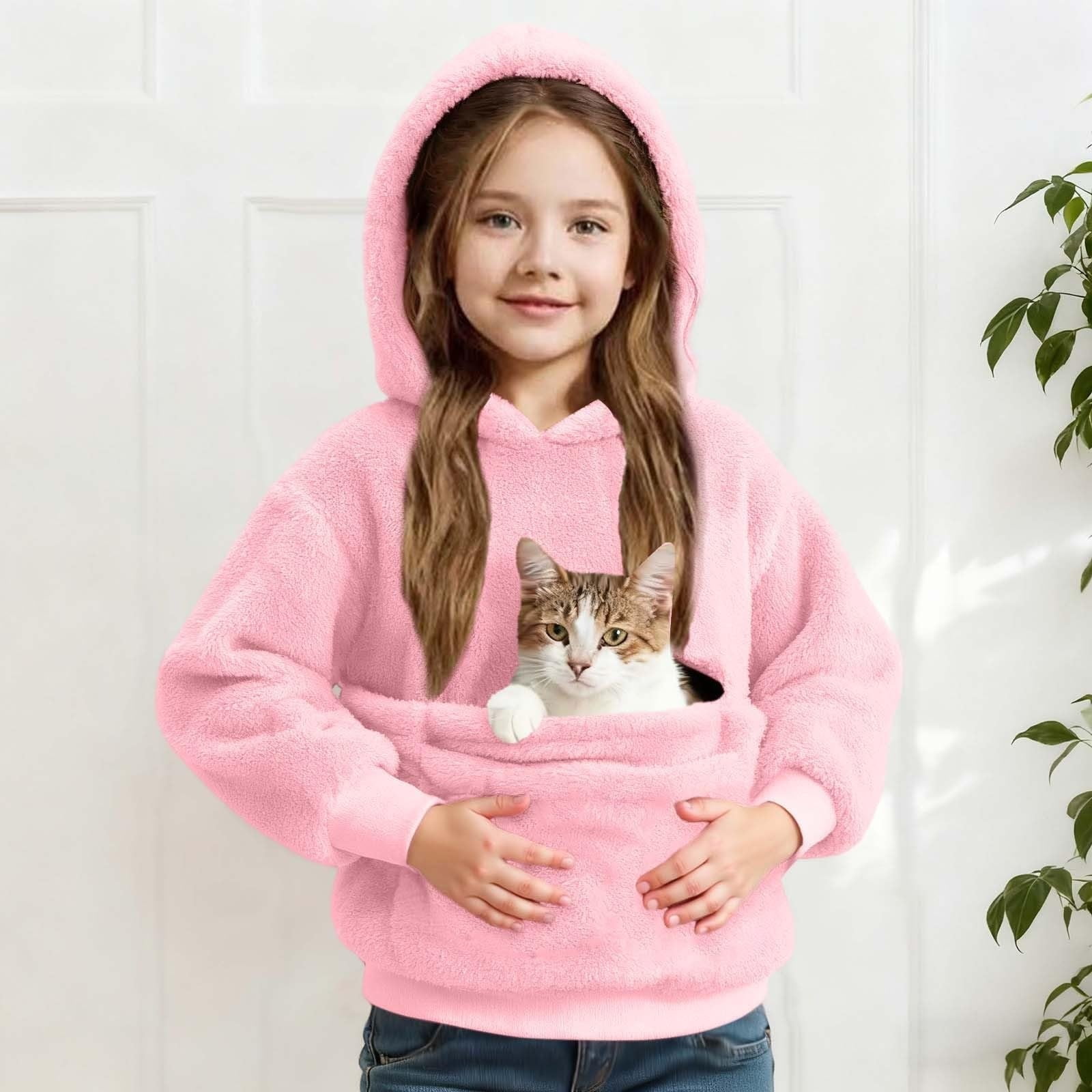 Linmoua Hoodies Top For Boys Girls Solid Color Hold Pets Sweatshirts Puppies Cats Long Sleeve Hooded Pullover Drop Shoulder With Big Pocket Sweatshirt