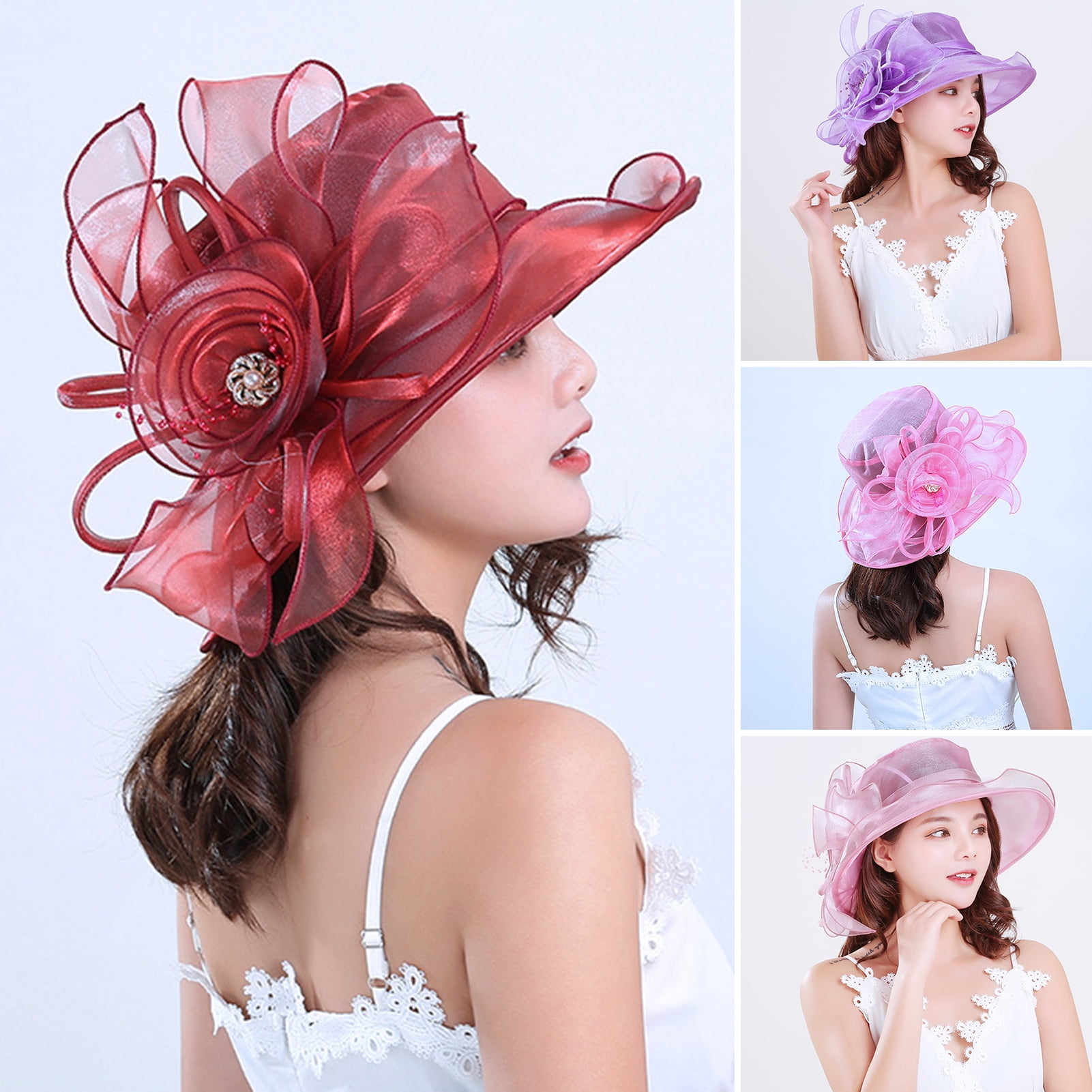 rygai Beach Hat Sunscreen Flower Decor Mesh Wide Brim Medieval Women ...