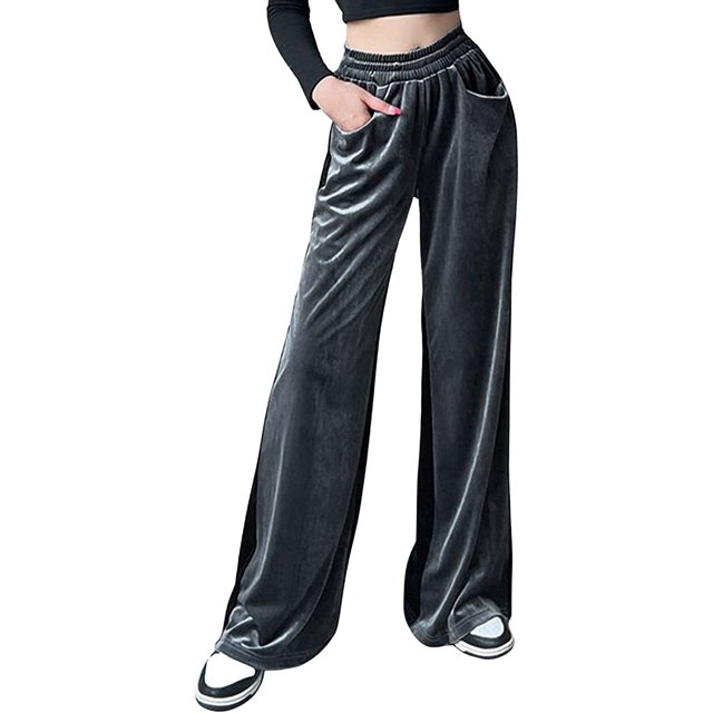 Pikadingnis Women Velvet Bell Bottom Pants Flare Velour Wide Leg