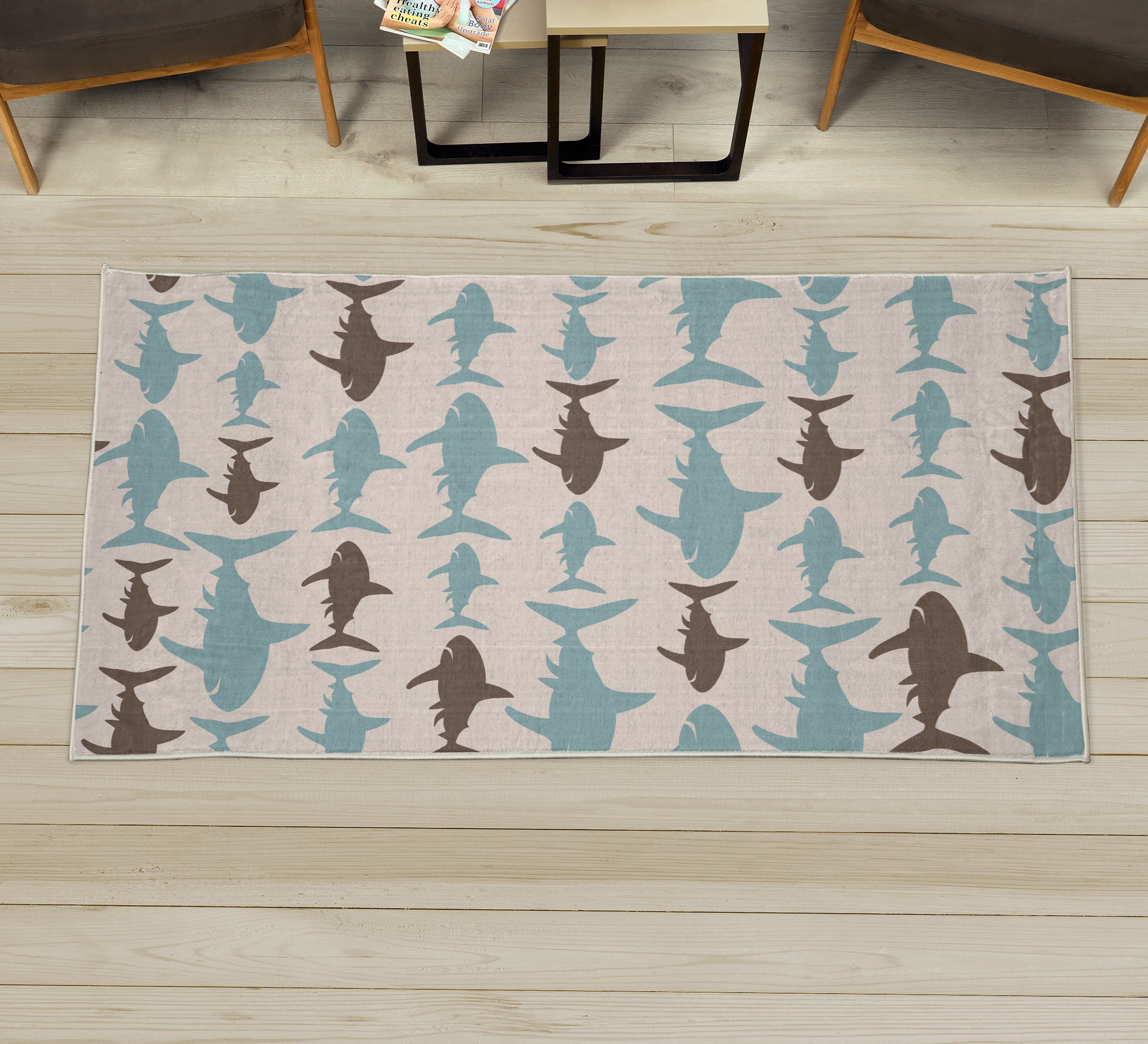 Sea Animals Decorative Rug, Monochrome Shark Illustration Fashion ...