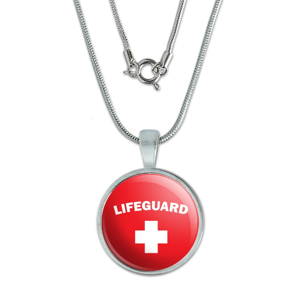 Lifeguard Red and White 0.75" Pendant with Sterling Silver Plated Chain ...