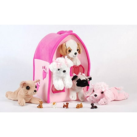 Unipak 12" Plush Pink Dog House Carrying Case with Five (5) Stuffed ...