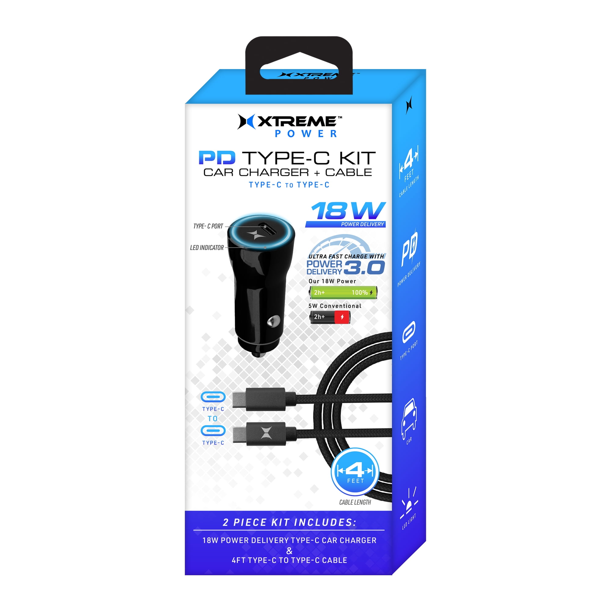 Xtreme Black 18W Type-C Car Charger and 4ft Type-C To Type-C Cable Kit ...