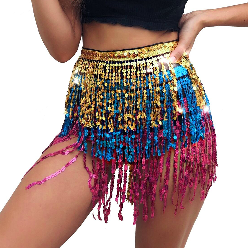 PrettyGuide Women's Sequin Skirt Glitter Belly Dance Hip Skirt Tassel Scarf Rave Skirt Wrap ...