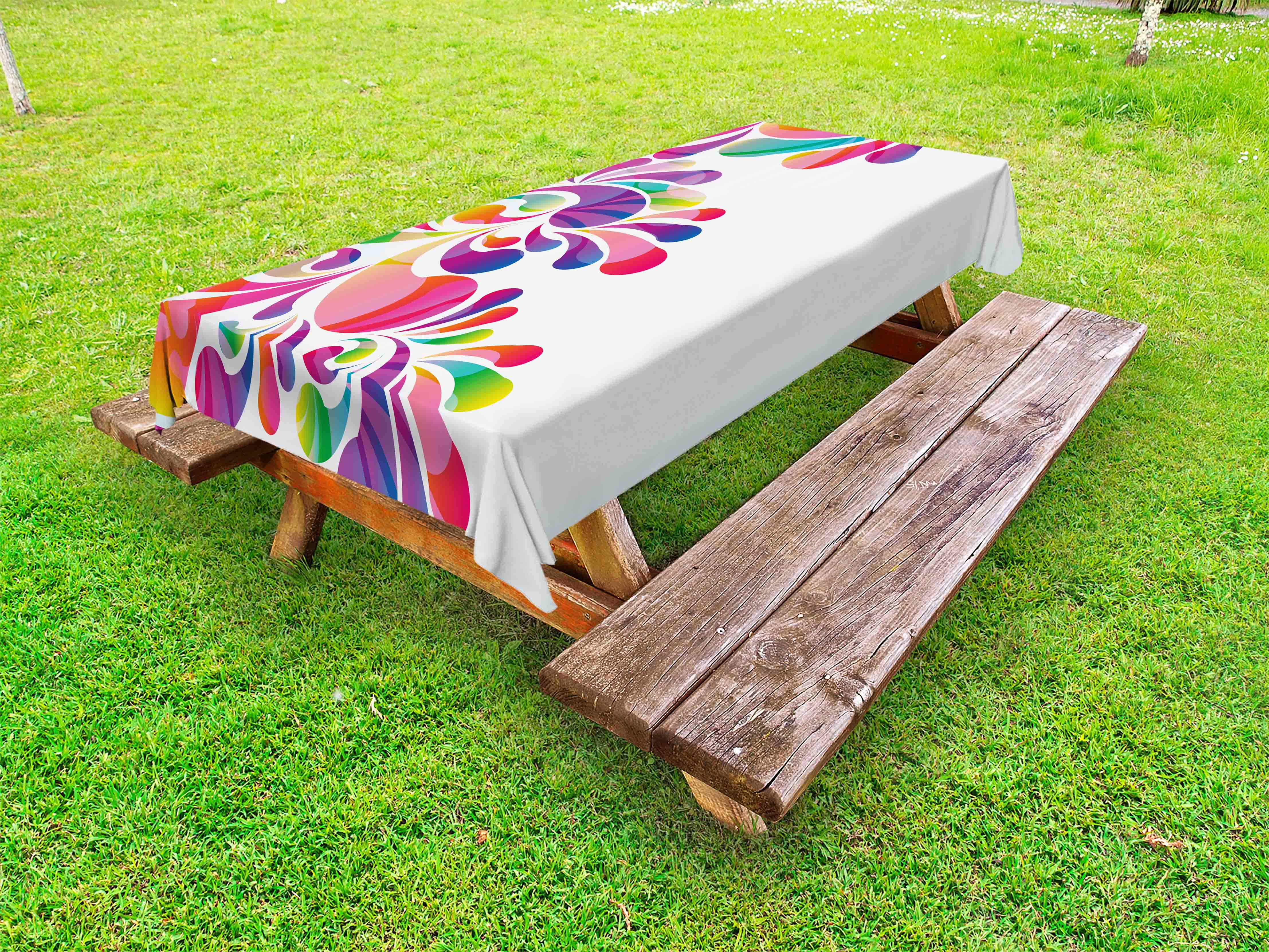 Rainbow Outdoor Tablecloth, Floral Themed Design Curvy Colorful ...