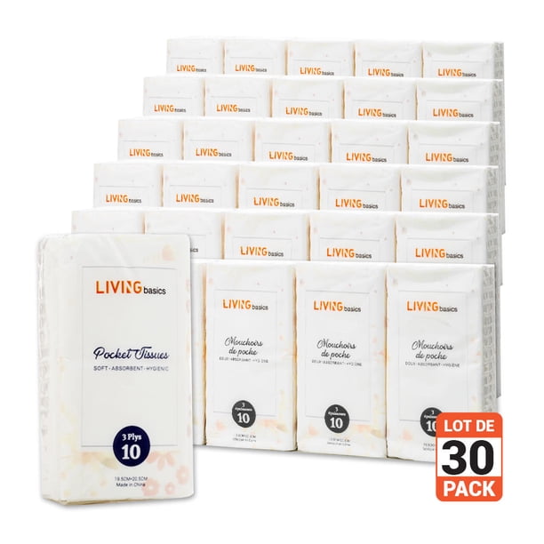 Facial Tissue Pocket Packs, 3-Ply, 10 Sheet/Pack, 30Pack - LIVINGbasics ...