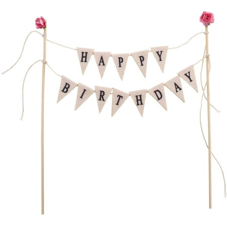 Happy Birthday Cake Topper Banner with Wooden Sticks Birthday Cake Flag ...