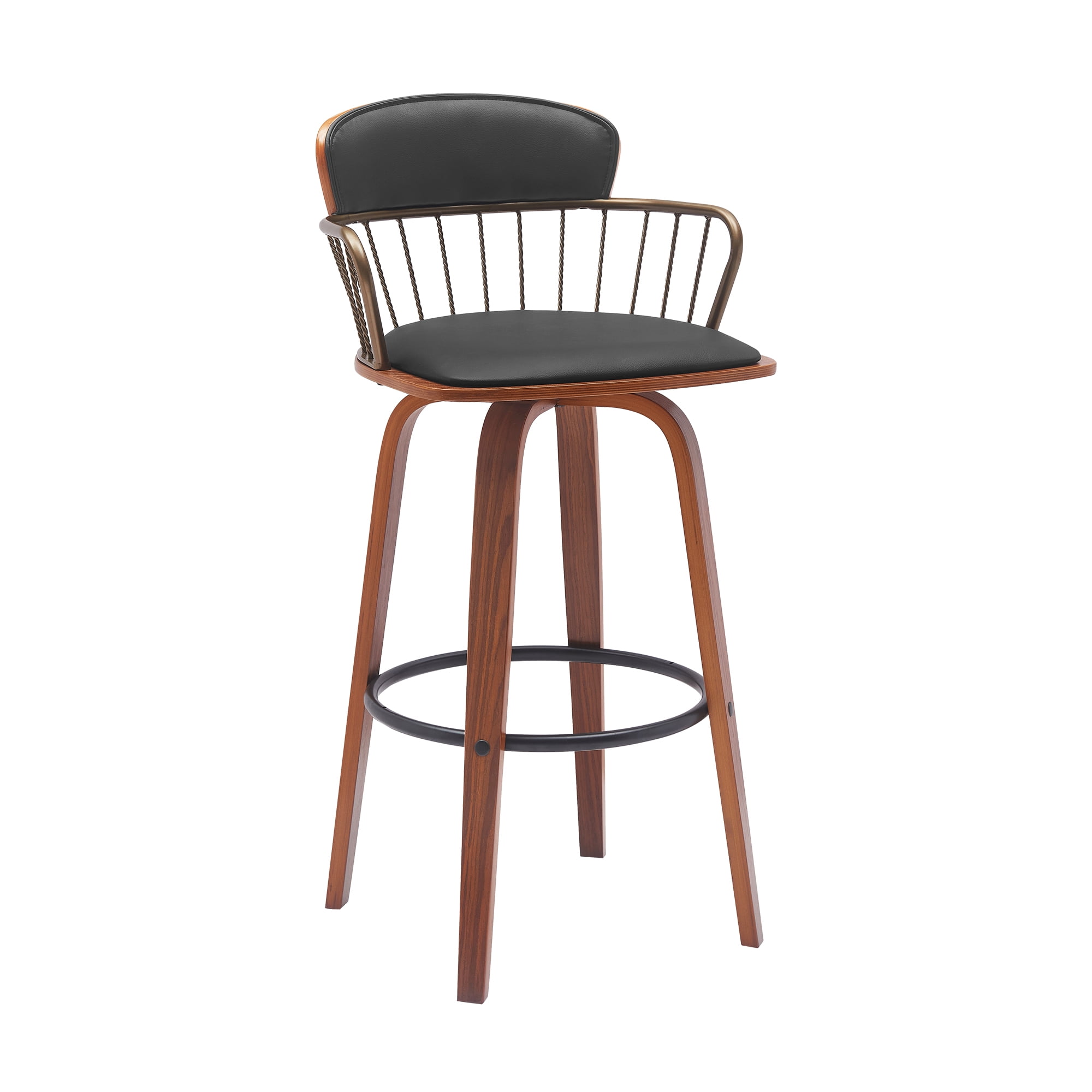 Willow 30" Swivel Walnut Wood Bar Stool in Black Faux Leather with ...