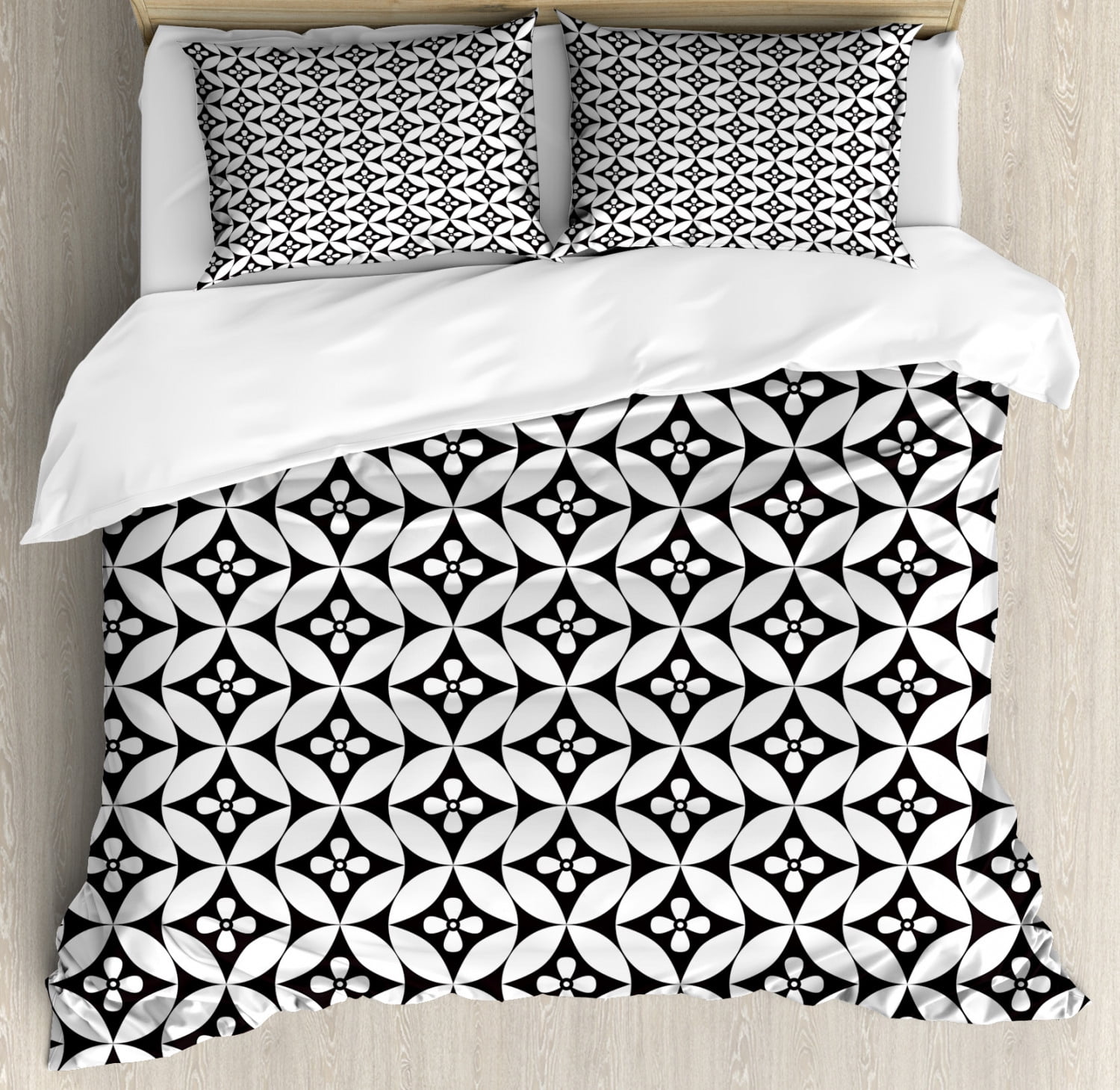 Black and White Queen Size Duvet Cover Set, Mosaic of Floral Circles ...