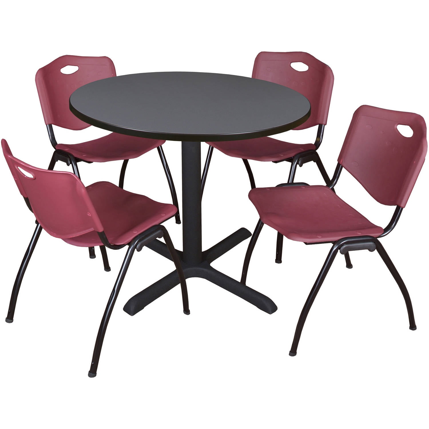 Cain 42" Grey Round Breakroom Table and 4 'M' Stack Chairs, Multiple ...
