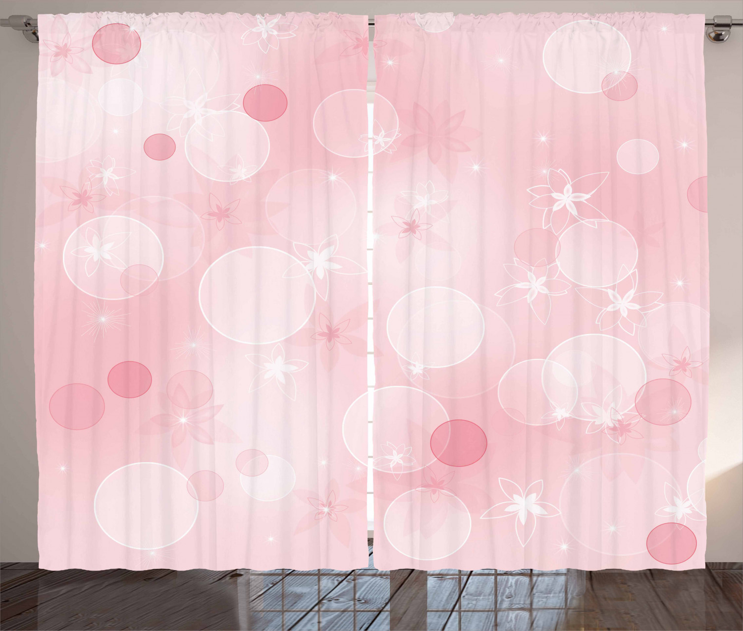 Light Pink Curtains 2 Panels Set, Floral Background with Hazy Bubbles ...