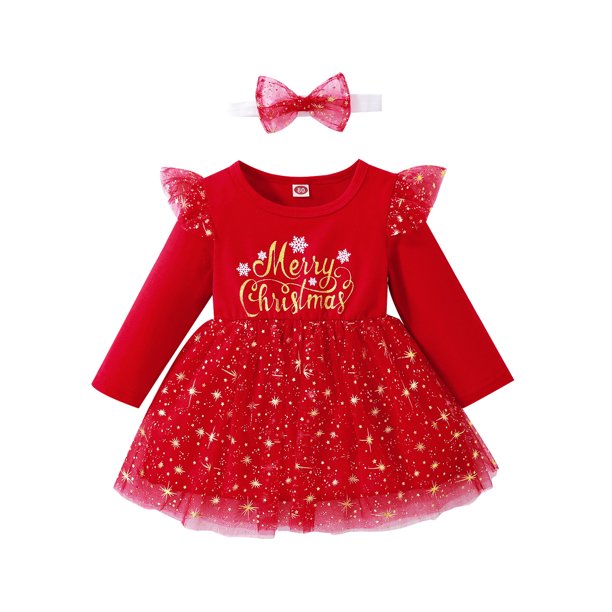 Bagilaanoe Toddler Baby Girl Christmas Dress Letters Print Ruffle Long Sleeve A-line Princess ...