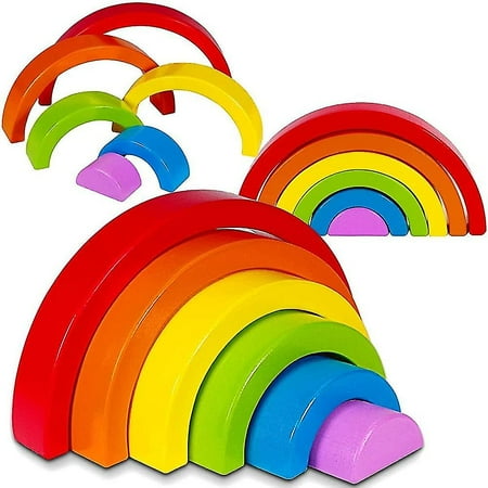 Wooden Rainbow Stacking Toy Stacker Nesting Puzzle Blocks, Color Shape ...