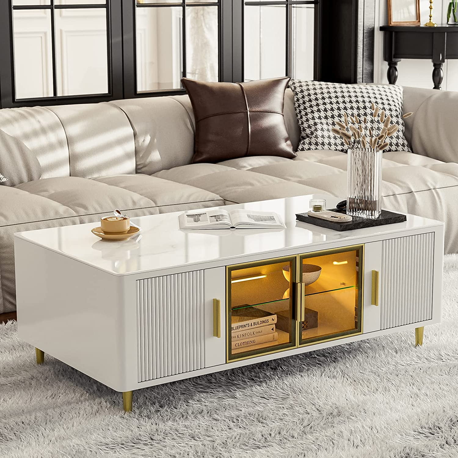 IKIFLY Modern Slate Coffee Table with 16 Colors LED Lights and Glass Doors, Durable Rectangle ...
