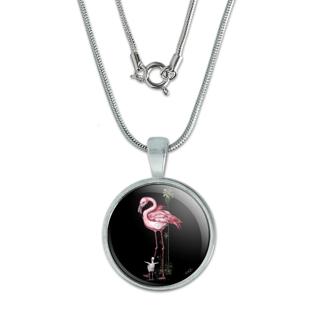 Pink Flamingos Palm Tree 0.75" Pendant with Sterling Silver Plated ...