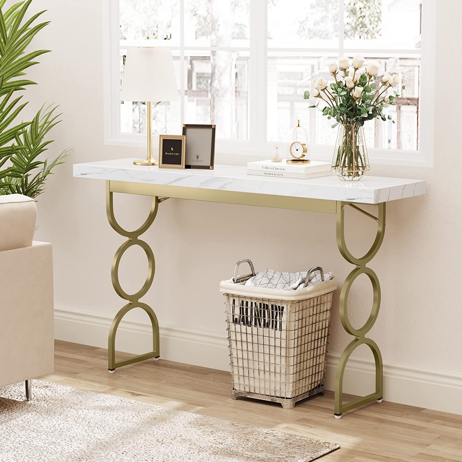 Tribesigns Gold Console Table, Modern 55" Faux Marble White Entryway ...