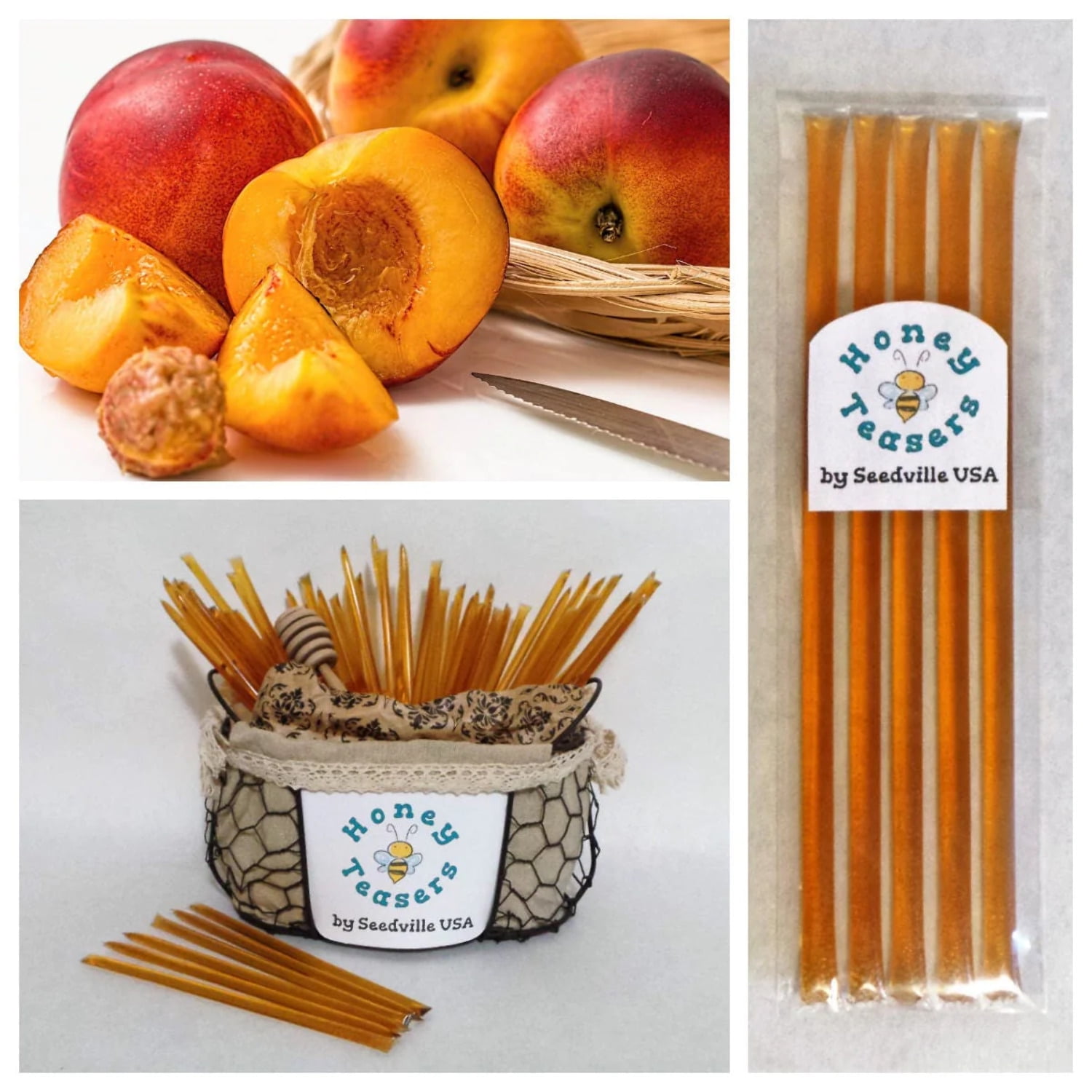 5 Pack PEACH HONEY TEASERS Natural Honey Snack Sticks Honeystix Straws ...