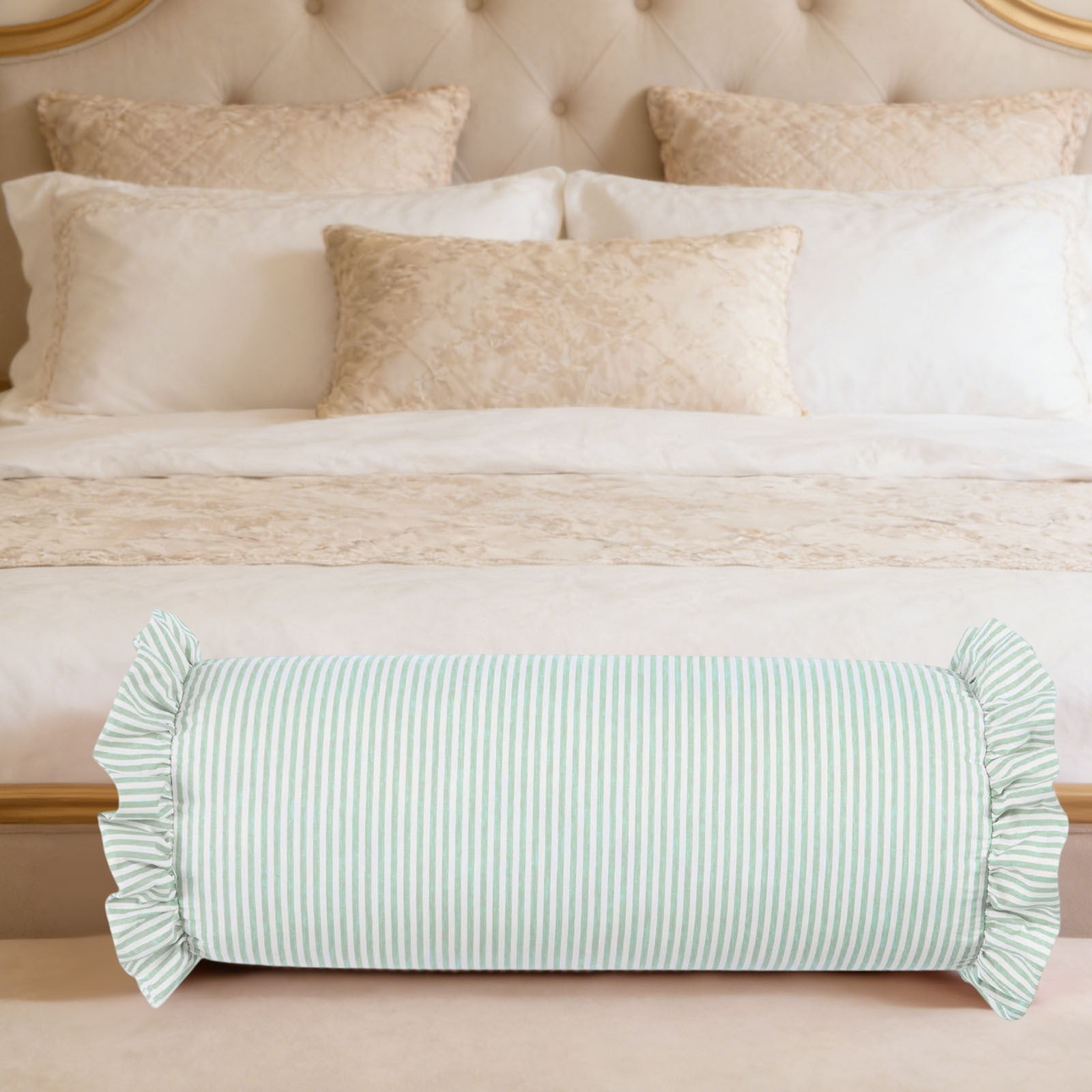 Haoxun Striped Bolster Pillow With Ruffled Edges - Soft Cylindrical Neck Roll Pillow For Bed And Sofa Decor  Support For Sleeping And Relaxing  8x20 I