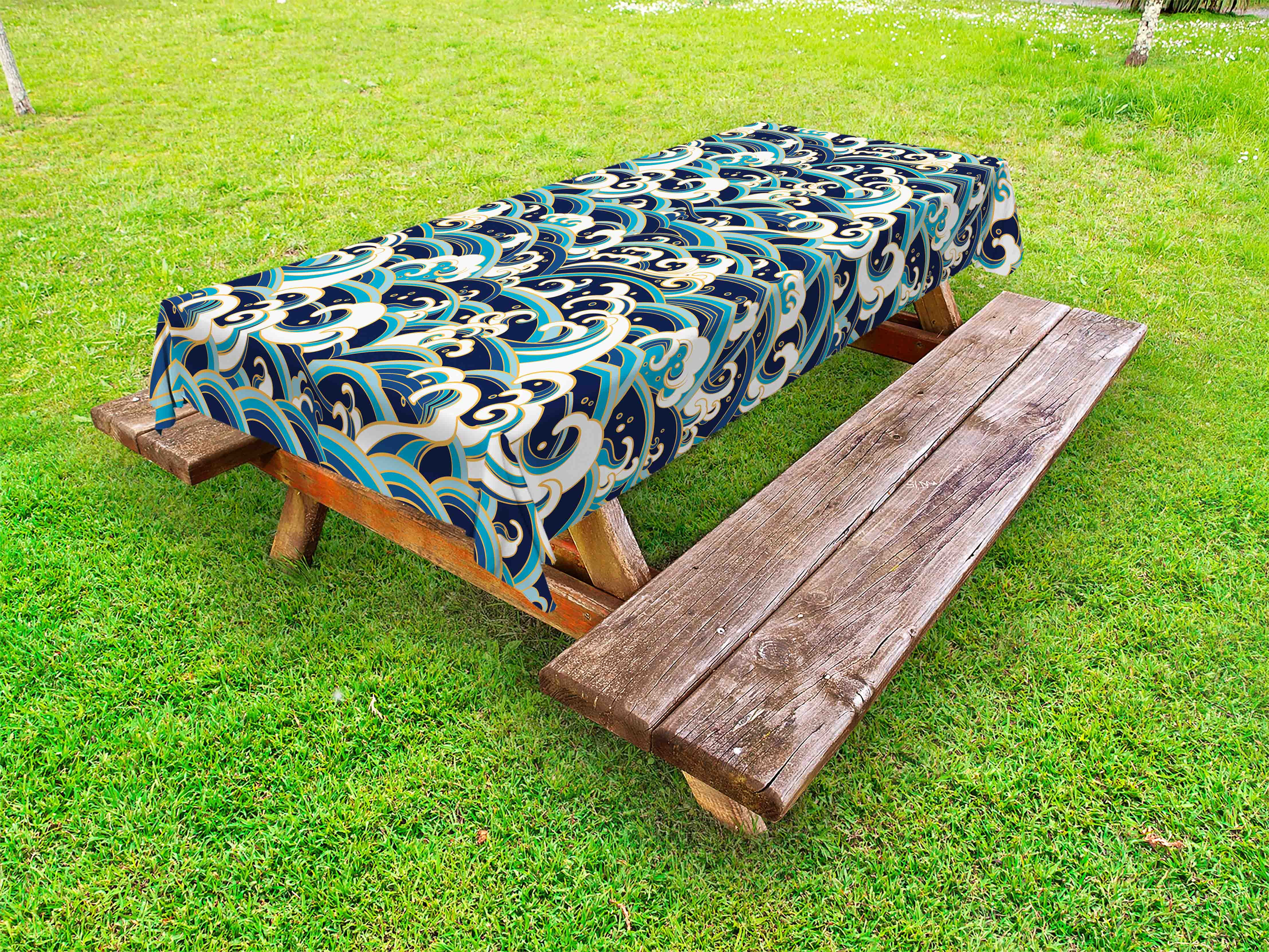 Nautical Outdoor Tablecloth, Traditional Oriental Style Ocean Waves ...
