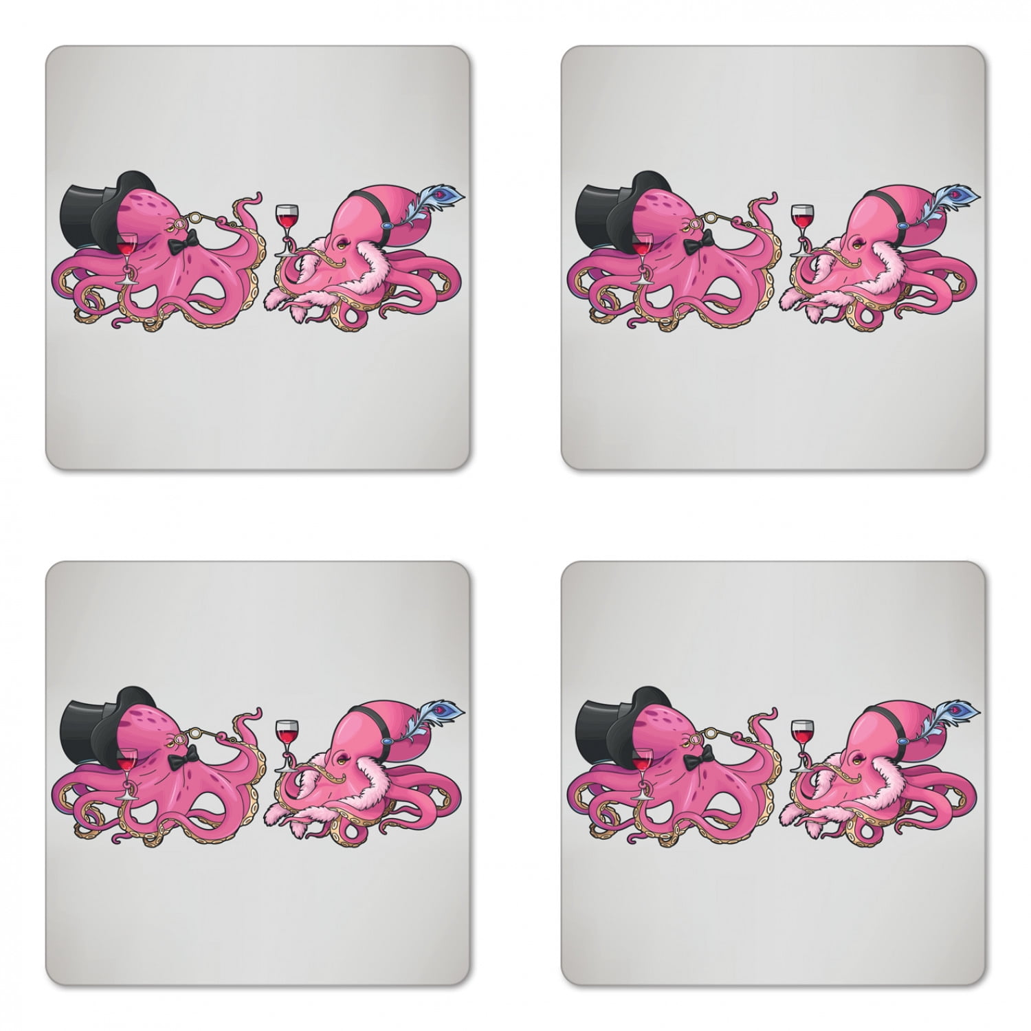 Octopus Coaster Set of 4, Cartoon Art Illustration of Octopuses in Fun ...