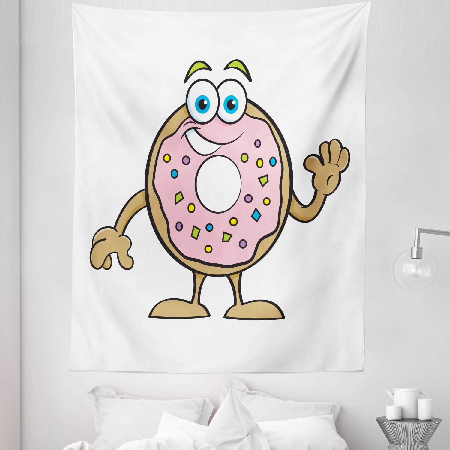 Smile Tapestry, Cartoon Style Print of Waving Donut with Colorful ...