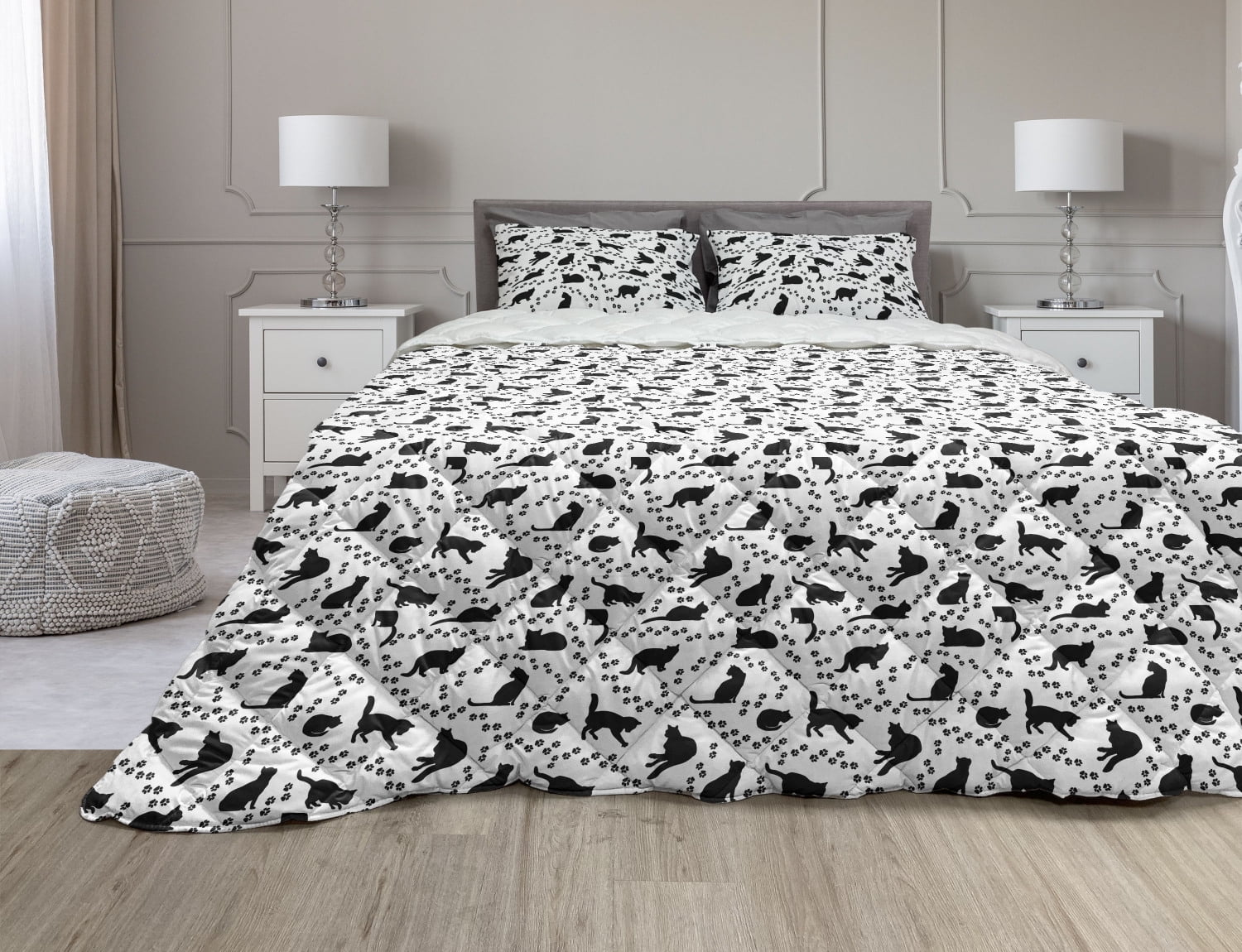 Cat Comforter & Sham Bedding Set, Cat Silhouette and Animal Tracks ...