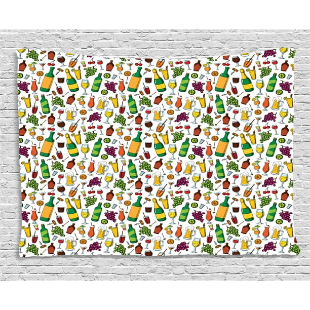 Alcohol Tapestry, Doodle Party Beverages Theme with Cocktails Wine Beer ...