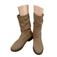 AUDeals Womens Suede Slouchy Mid Calf Boots Lace Up Pom Pom Round Toe ...