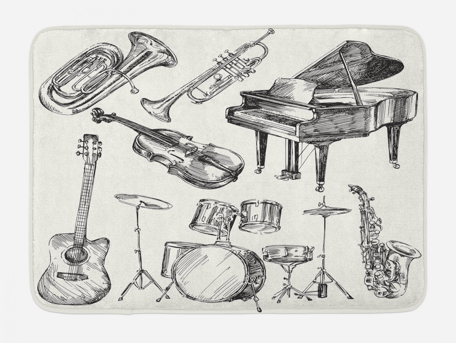 Jazz Music Bath Mat, Collection of Musical Instruments Sketch Style Art ...