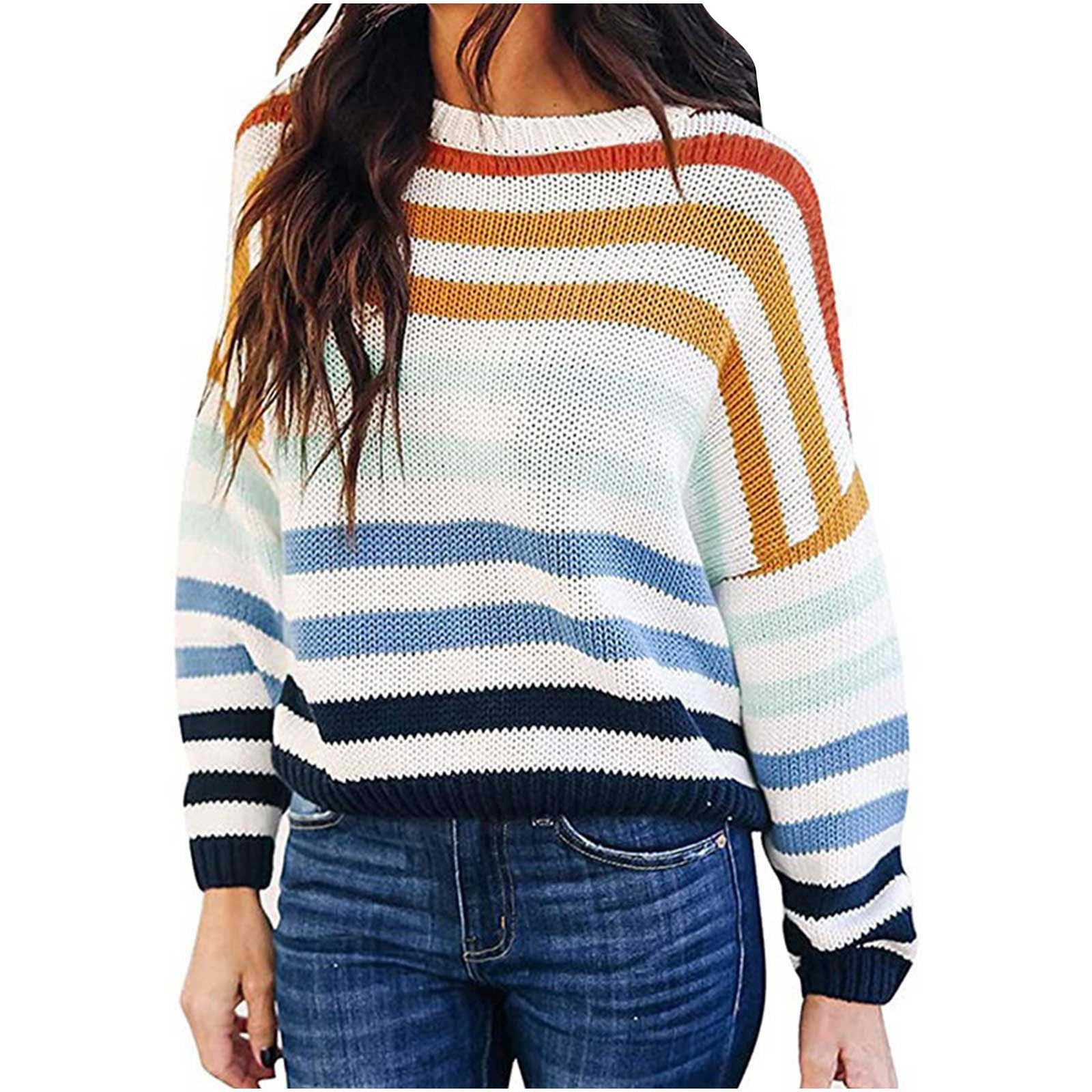 Olyvenn Striped Colorblock Cropped Knit Short Sweaters for Women Loose ...