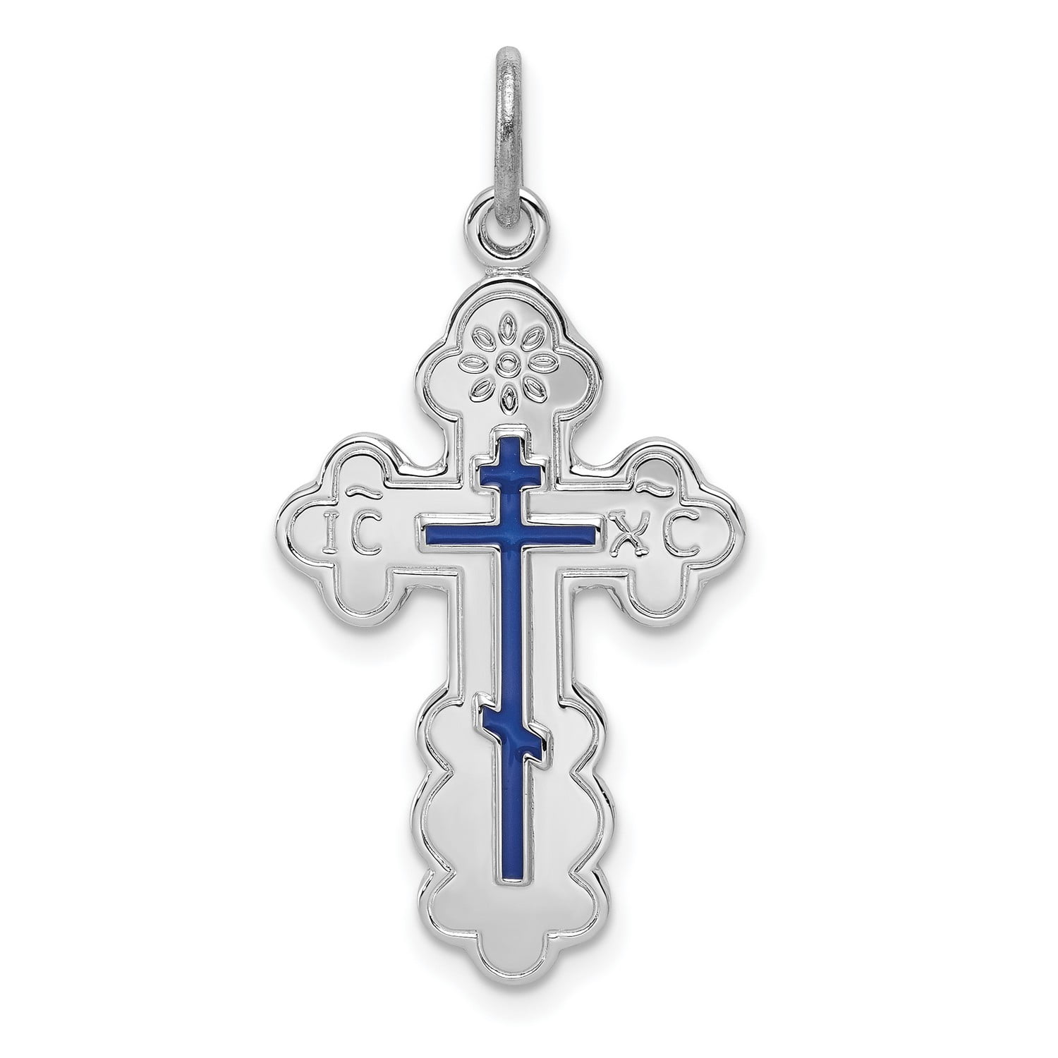 Budded Blue Eastern Orthodox Cross Pendant in 925 Sterling Silver 29 mm ...