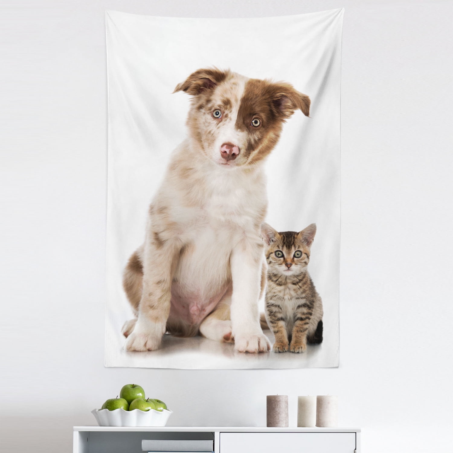 Dog and Cat Tapestry, Border Collie Puppy and a Mixed Breed Kitten ...