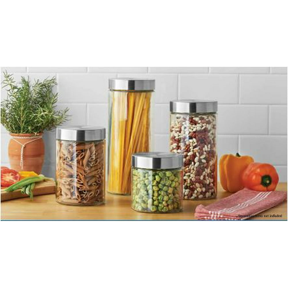 Mainstays Glass Storage Canisters with Stainless Steel Lids, 4 Piece ...