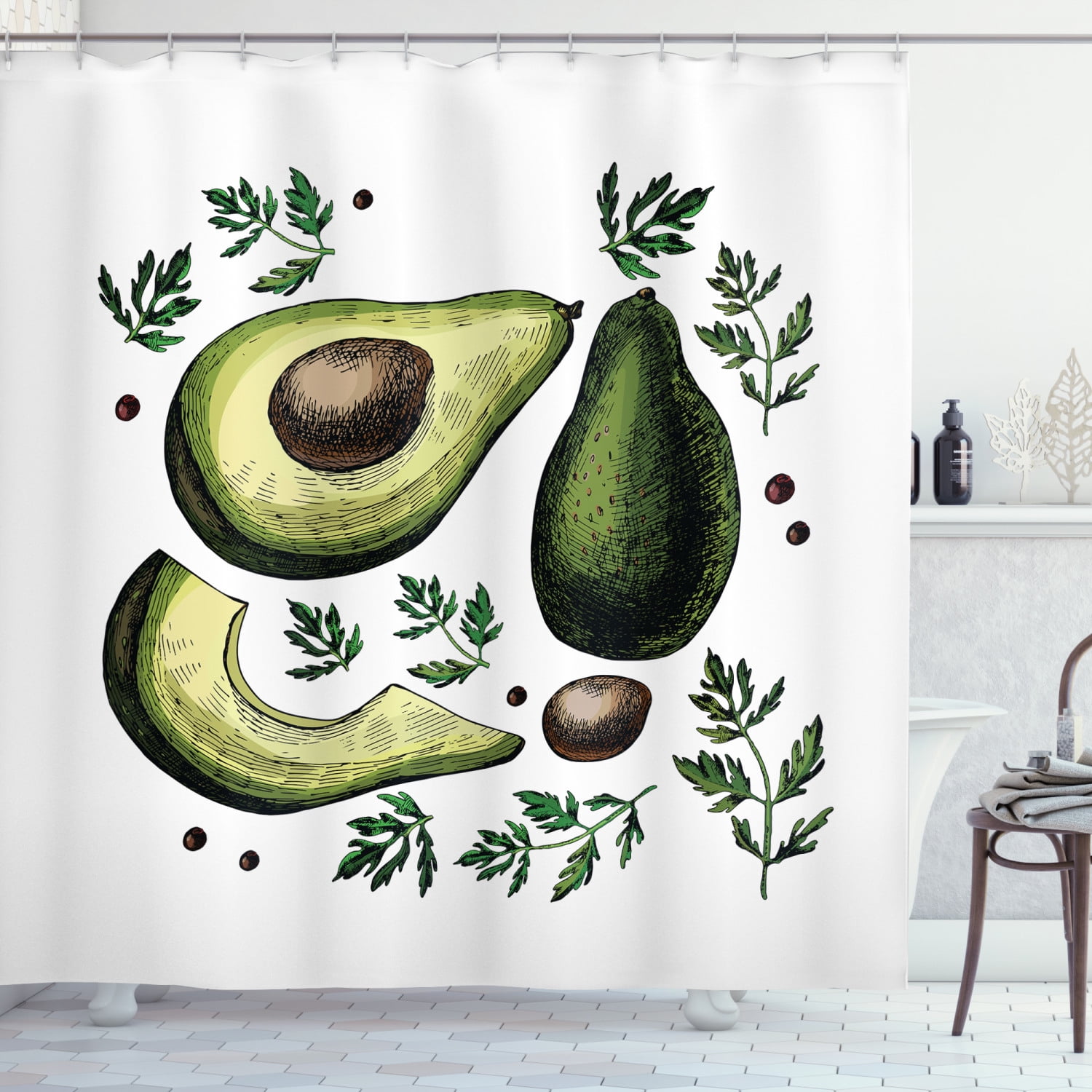 Avocado Shower Curtain, Retro Style Hand-Drawn Doodle Image of Tropical ...