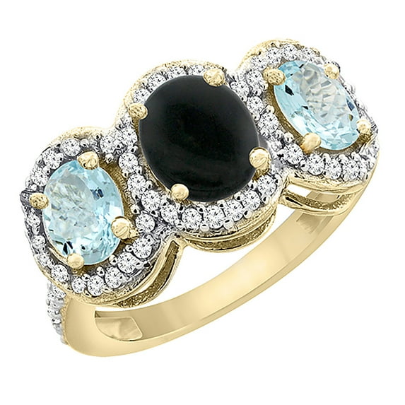 10K Yellow Gold Natural Black Onyx & Aquamarine 3-Stone Ring Oval ...