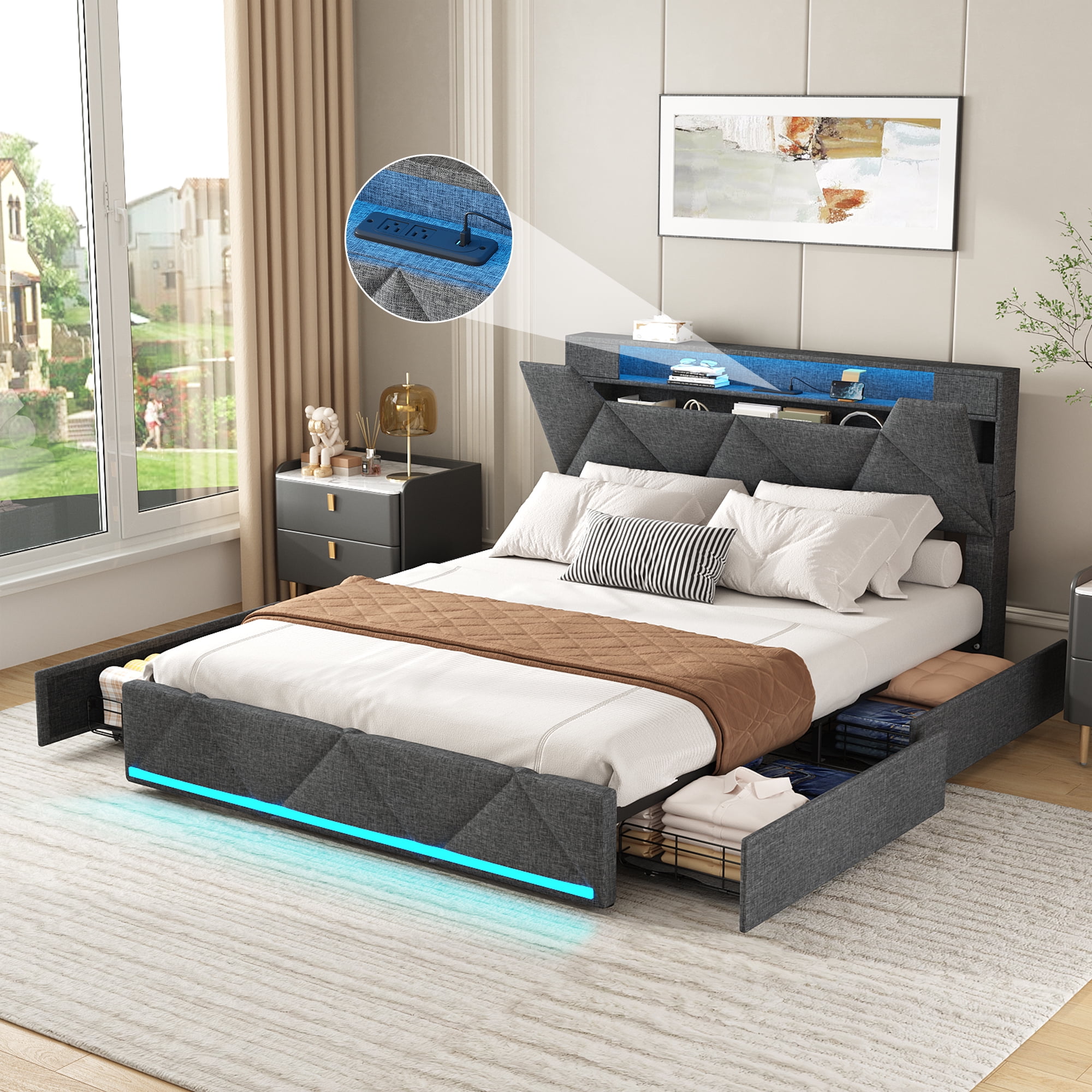 Click here for Vabches Queen Bed Frame With Storage Headboard And... prices